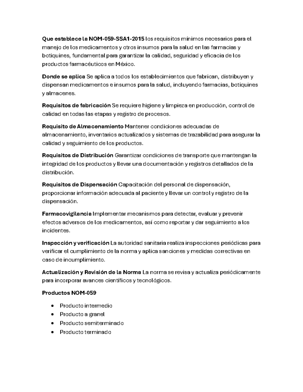 Apuntes control - Que establece la NOM- 059 - SSA1- 2015 los requisitos ...