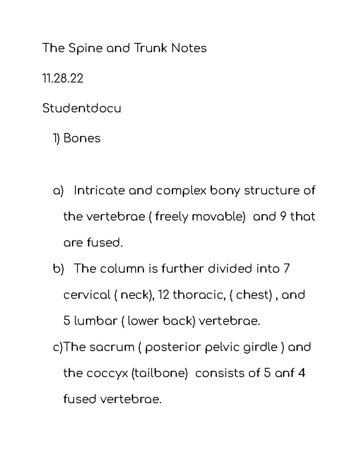 The Spine and Trunk Notes - The Spine and Trunk Notes Studentdocu Bones ...