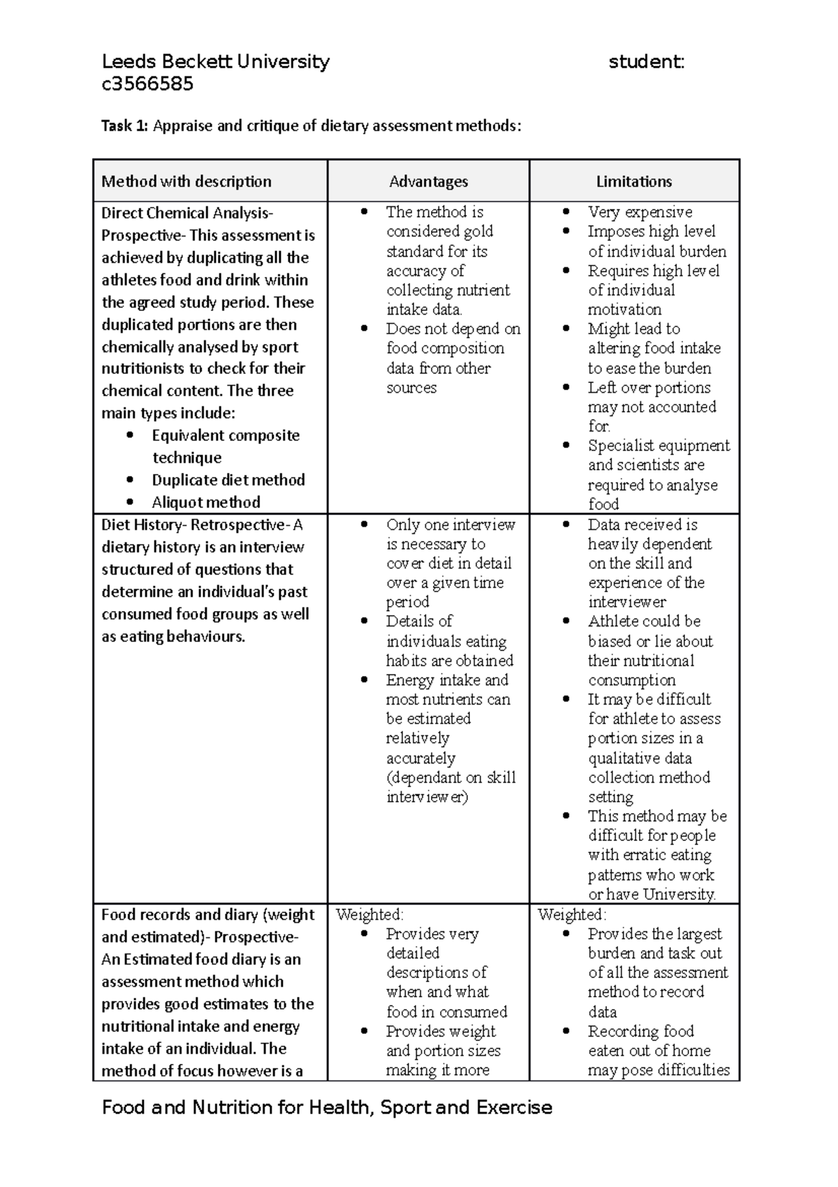 Complete doc - Nutrition - c Task 1: Appraise and critique of dietary ...