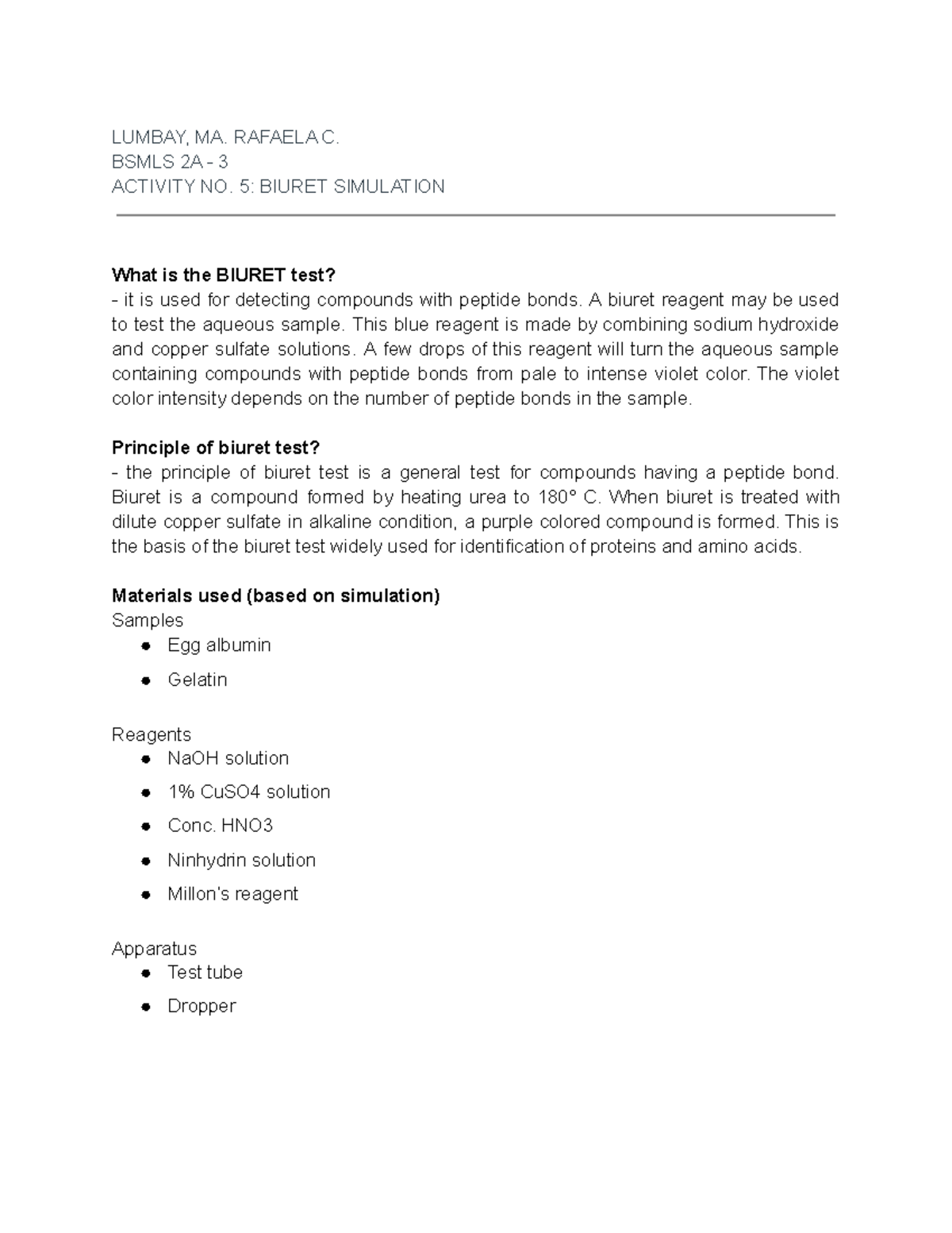 Biuret simulation activity - LUMBAY, MA. RAFAELA C. BSMLS 2A - 3 ...