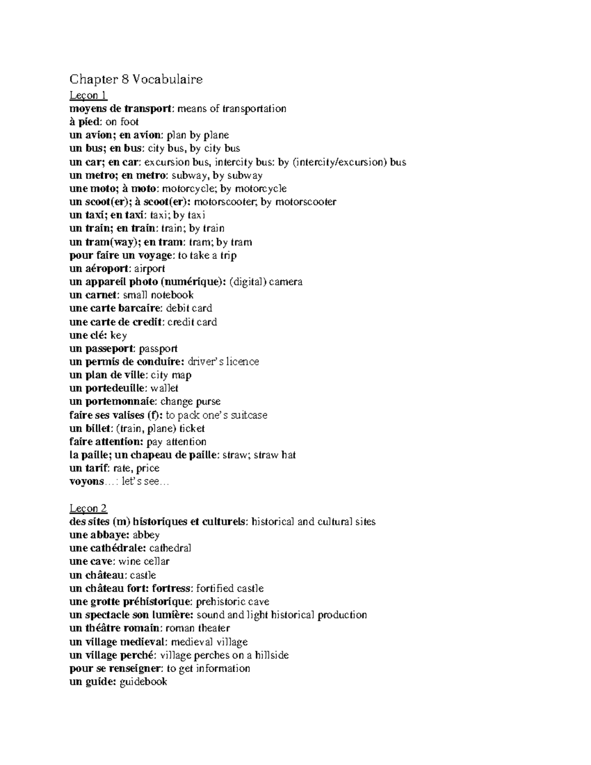 French Chapter 8 Vocabulaire - Chapter 8 Vocabulaire Leçon 1 moyens de ...