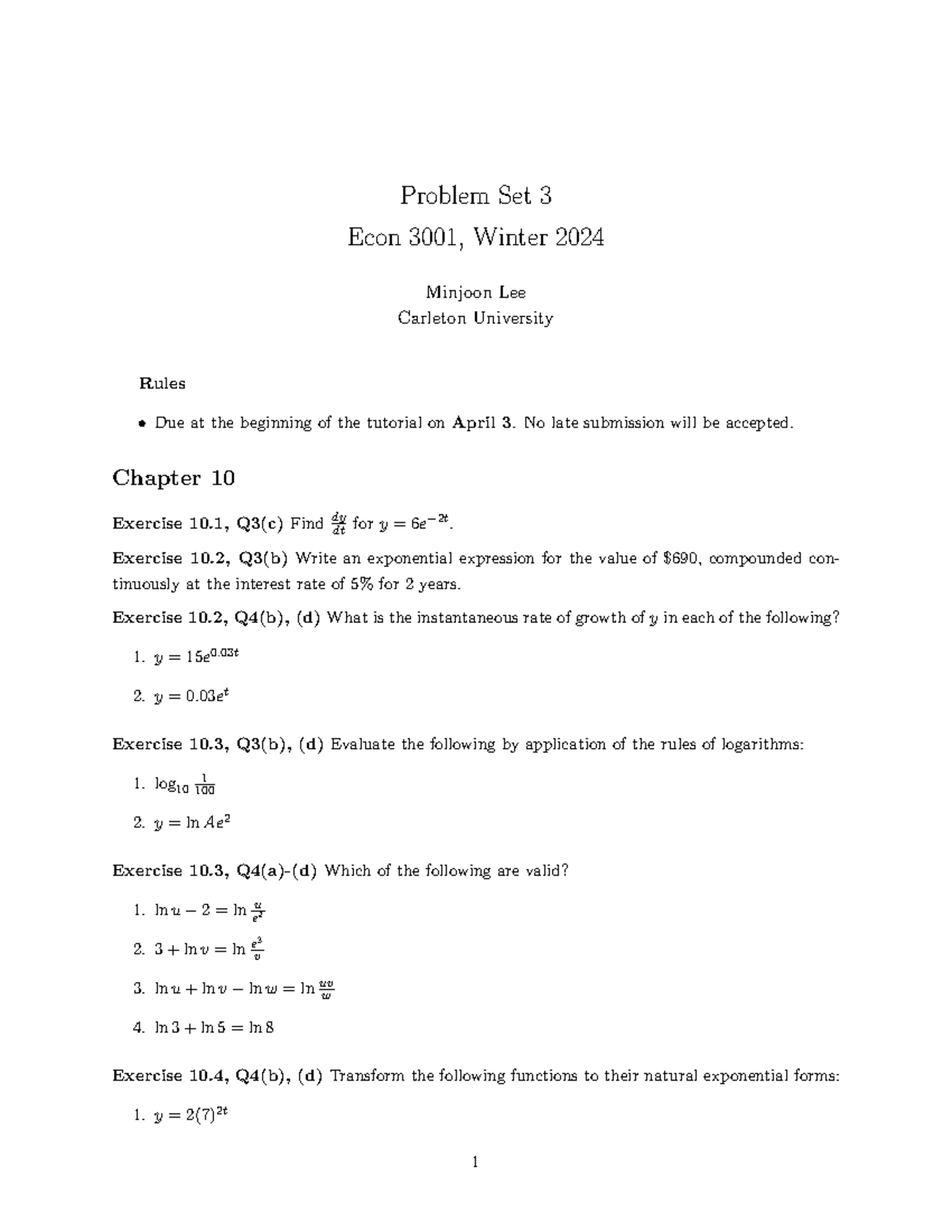 Econ3001 PS3 - labelled as problem set but really is assignment 3 prof ...