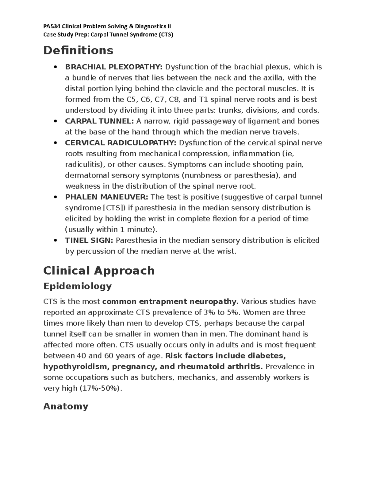 DW CTS - Overview of CTS - Case Study Prep: Carpal Tunnel Syndrome (CTS ...