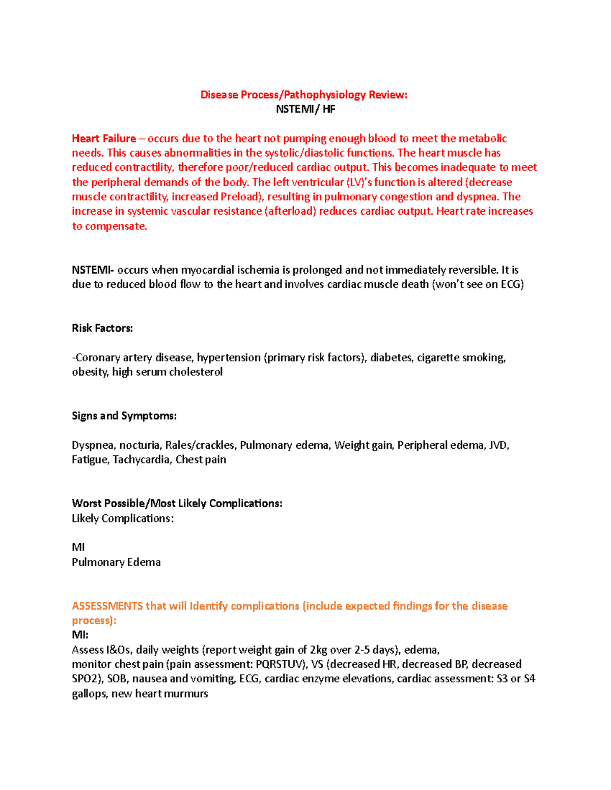 Nstemi: CHF Patho - Disease Process/Pathophysiology Review: NSTEMI/ HF Heart Failure – occurs ...