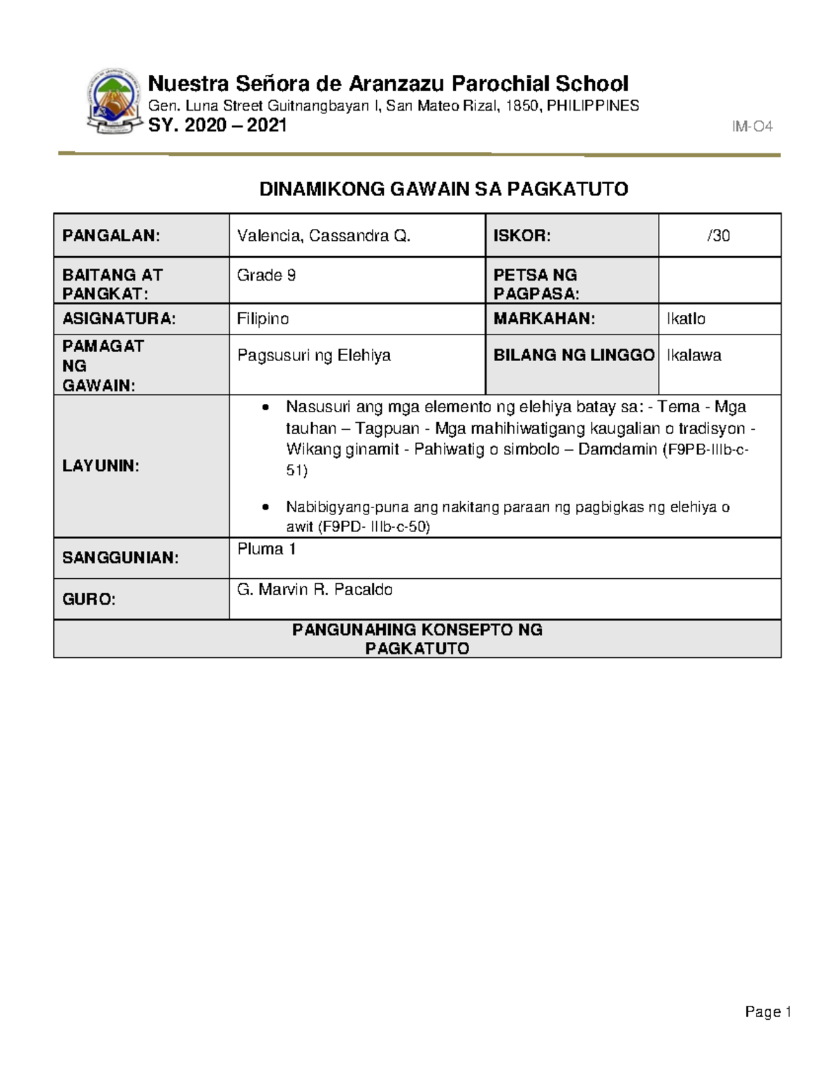 Pagsusuri ng Elehiya - Nuestra Señora de Aranzazu Parochial School Gen ...