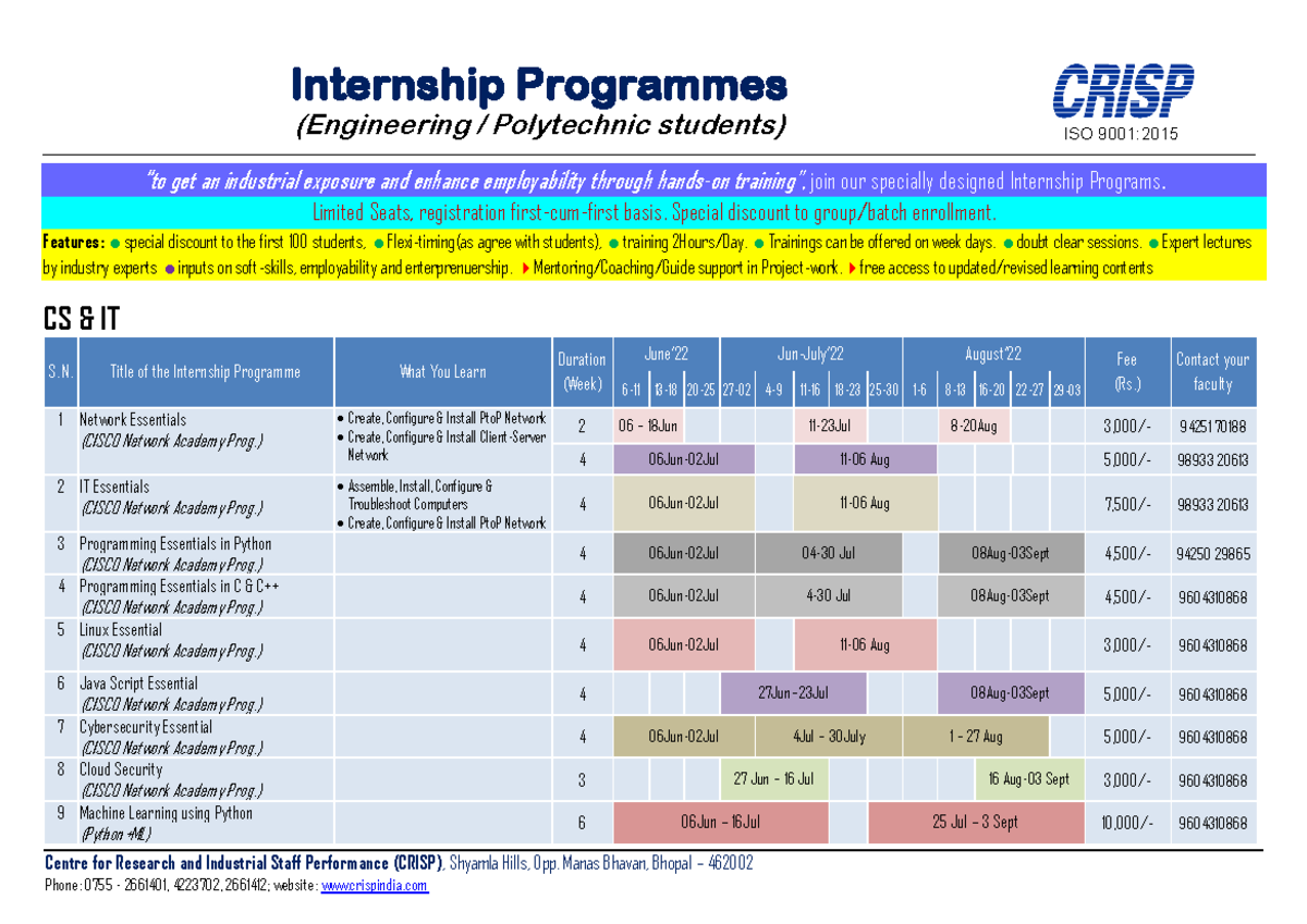 Crisp's Summer Internship Programme - (Engineering / Polytechnic students) ####### Centre for ...