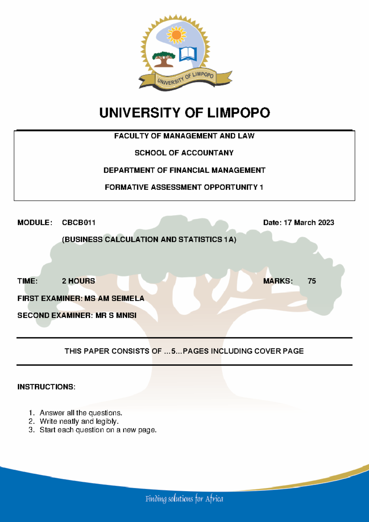 CBCB 011 Test 1 2023 - test 01 - UNIVERSITY OF LIMPOPO FACULTY OF ...