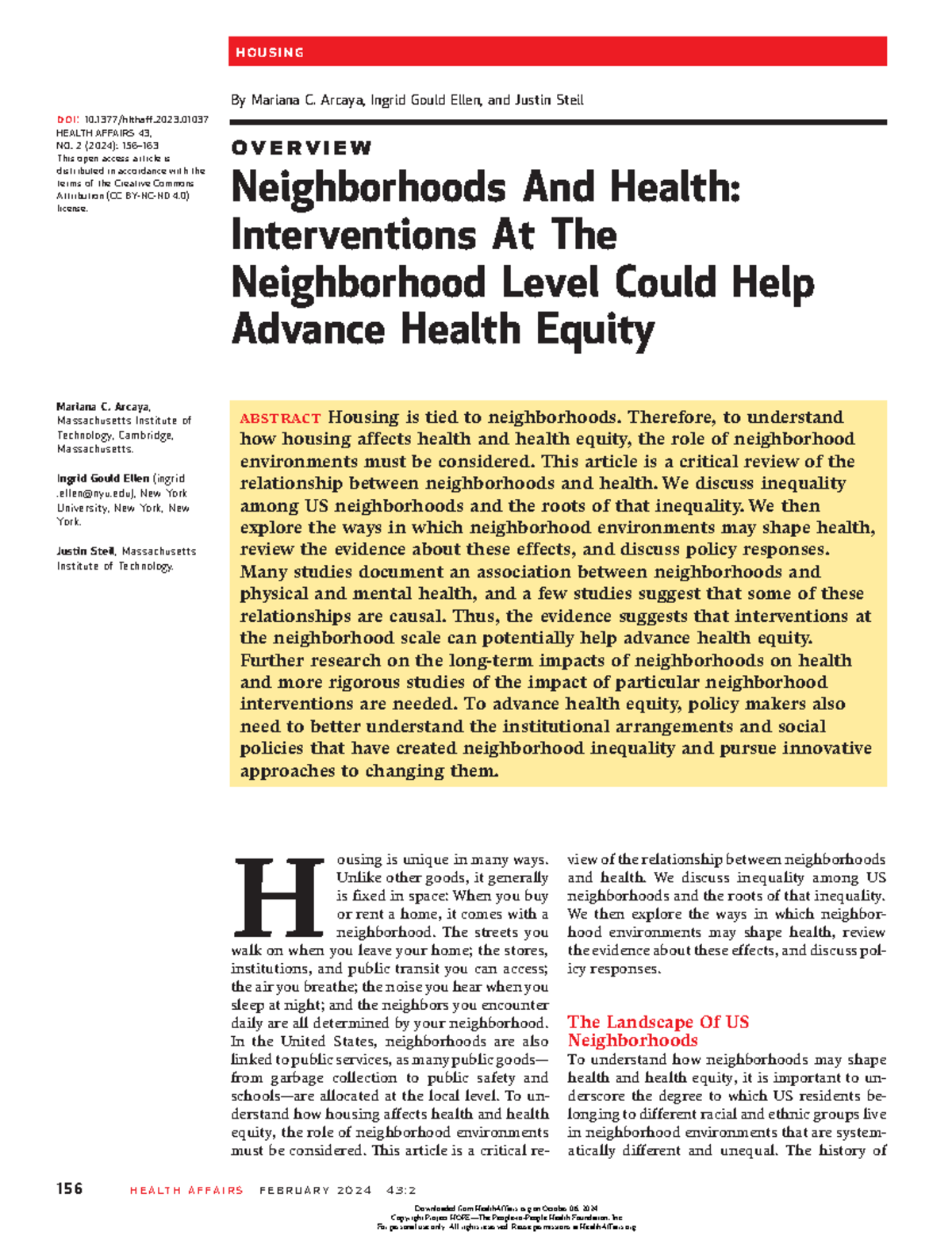 Arcaya et al 2024 neighborhoods and health interventions at the neighborhood level could help ...