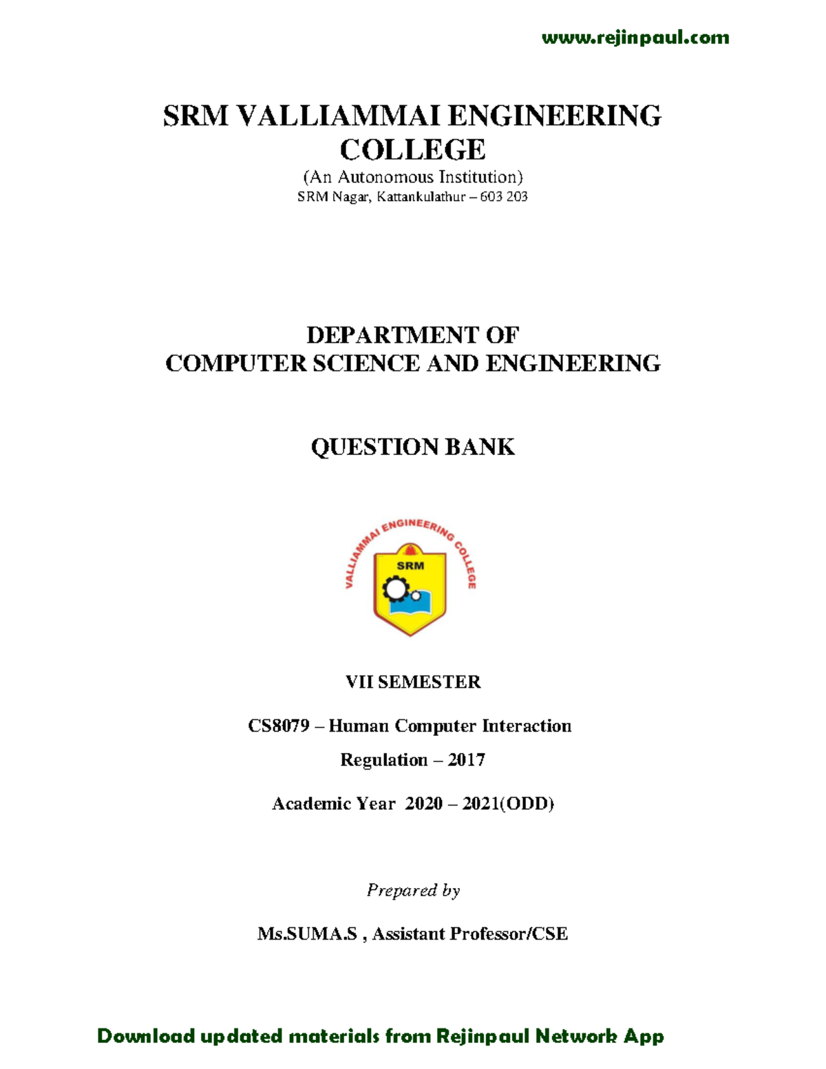 CS8079-Human Computer Interaction - SRM VALLIAMMAI ENGINEERING COLLEGE (An Autonomous ...