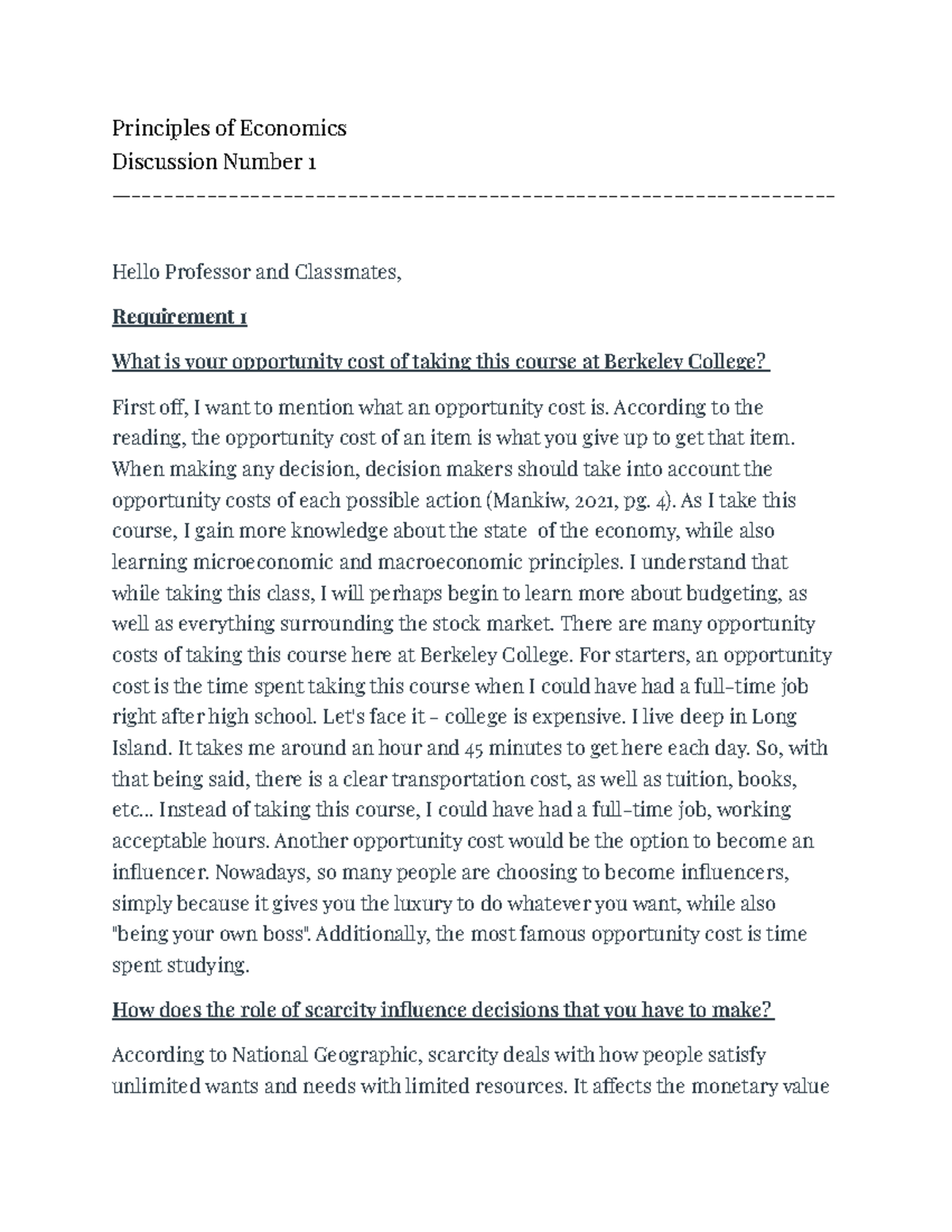 Principles of Economics Discussion 1 - Principles of Economics ...