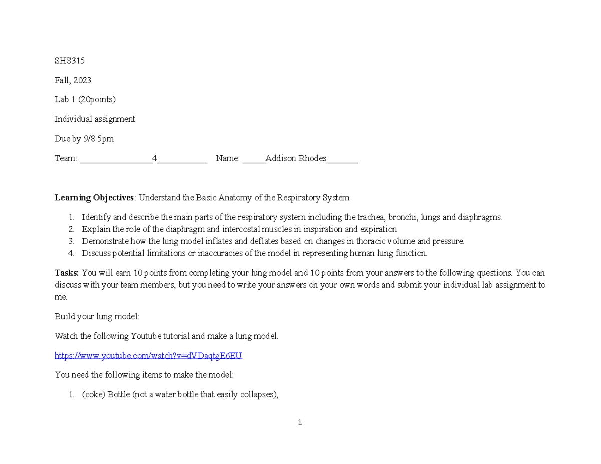 Lab 1 AR - lab 1 - SHS Fall, 2023 Lab 1 (20points) Individual ...