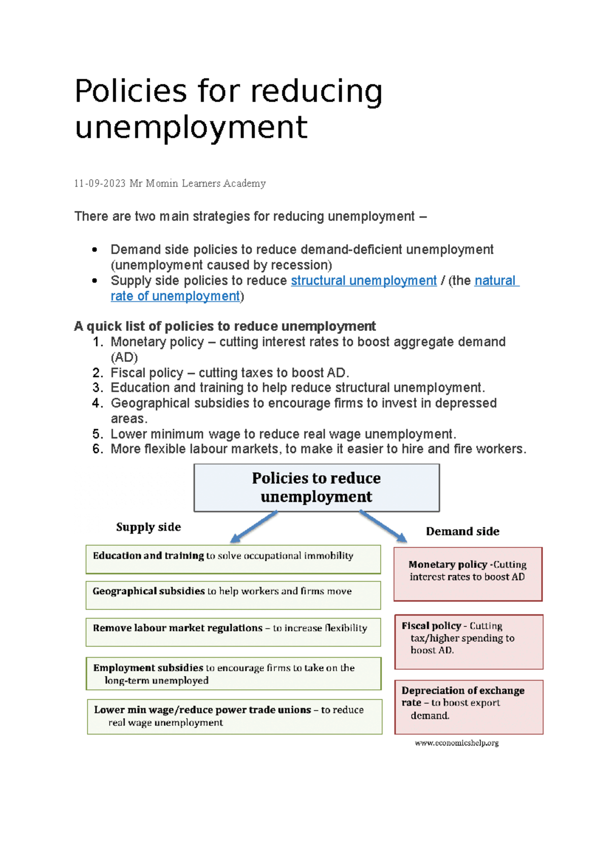 Policies for reducing unemployment - Policies for reducing unemployment ...