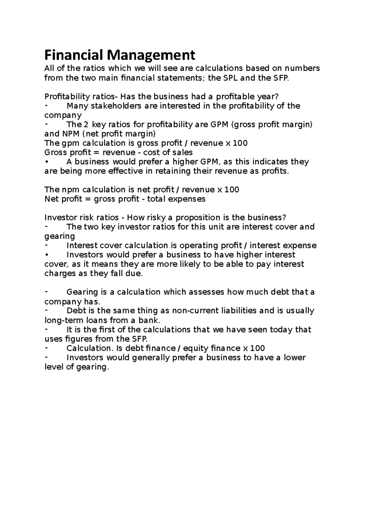 Financial Management 2 - Financial Management All of the ratios which ...