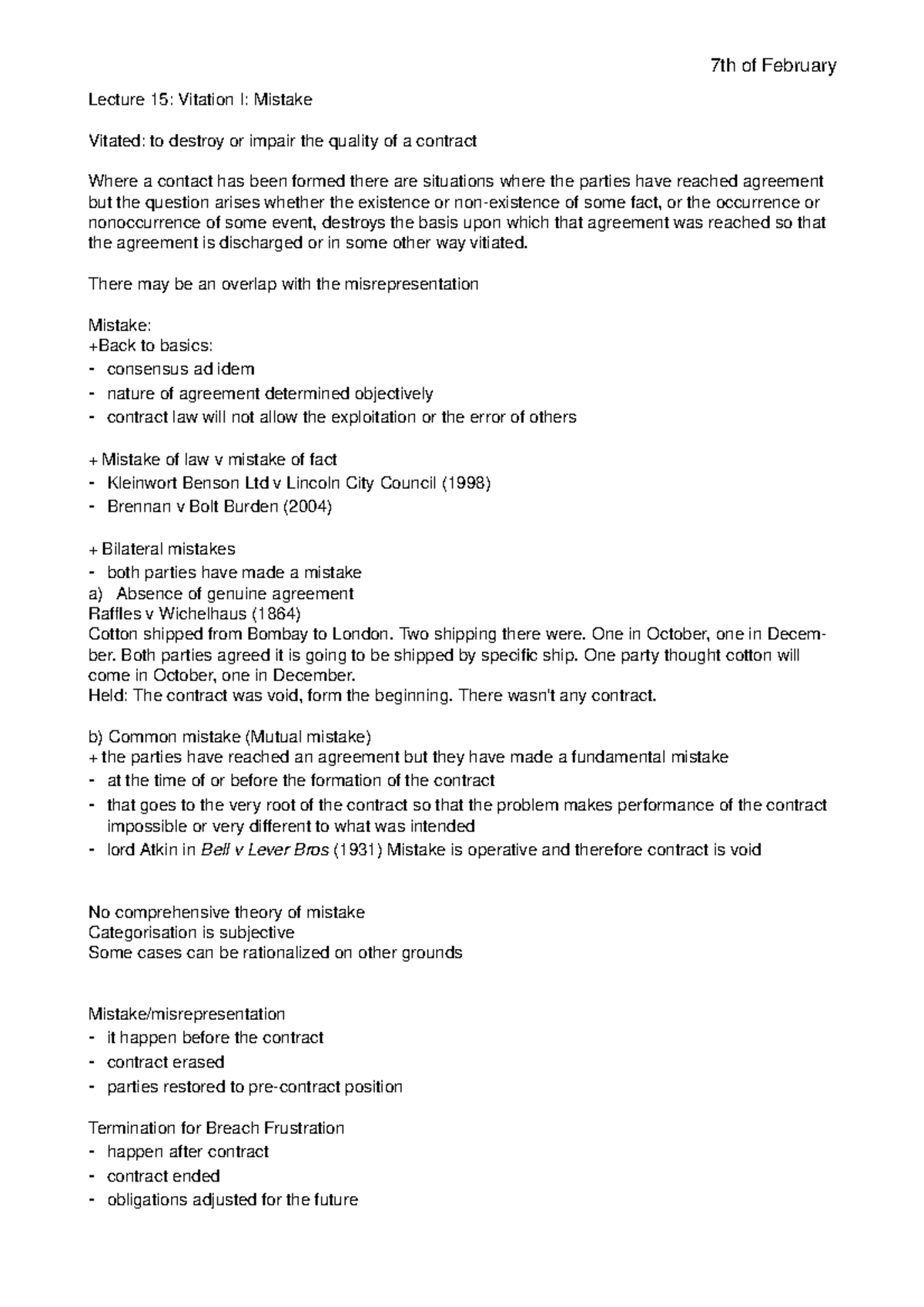 Contract Law Lecture 15 - Lecture 15: Vitation I: Mistake Vitated: to destroy or impair the ...
