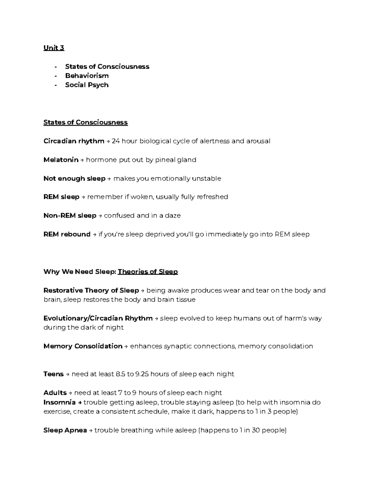 Unit 3 Psych - Additional Unit 3 Lecture notes - Unit 3 States of ...
