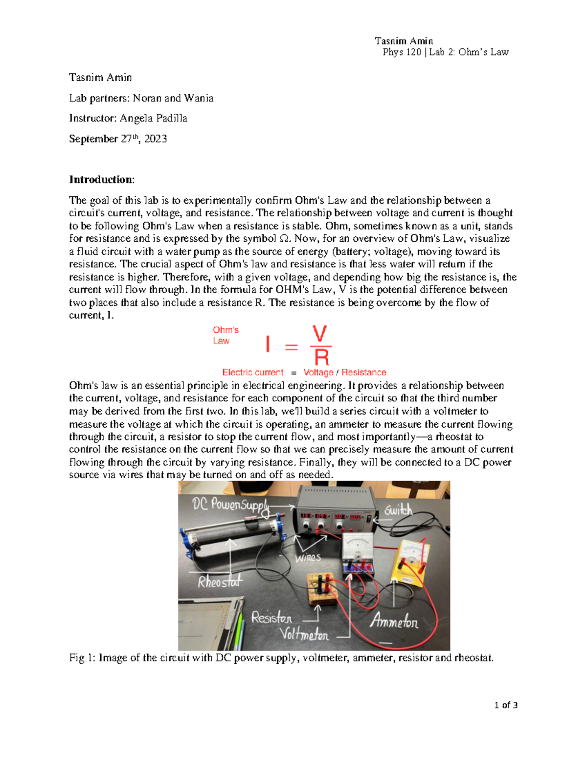 Phys 120 Ohm's law lab report - Tasnim Amin Phys 120 | Lab 2: Ohm’s Law 1 of 3 Tasnim Amin Lab ...