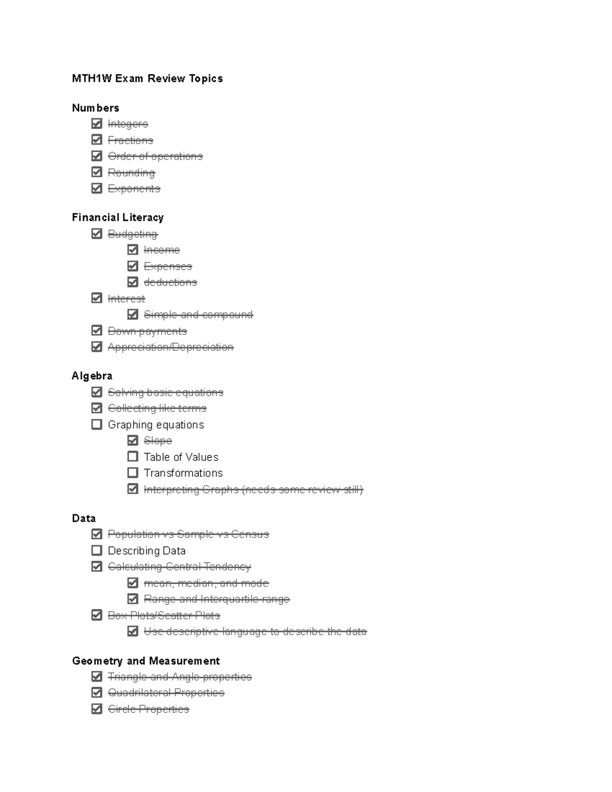 Copy of MTH1W Exam Review Topics - MTH1W Exam Review Topics Numbers ...