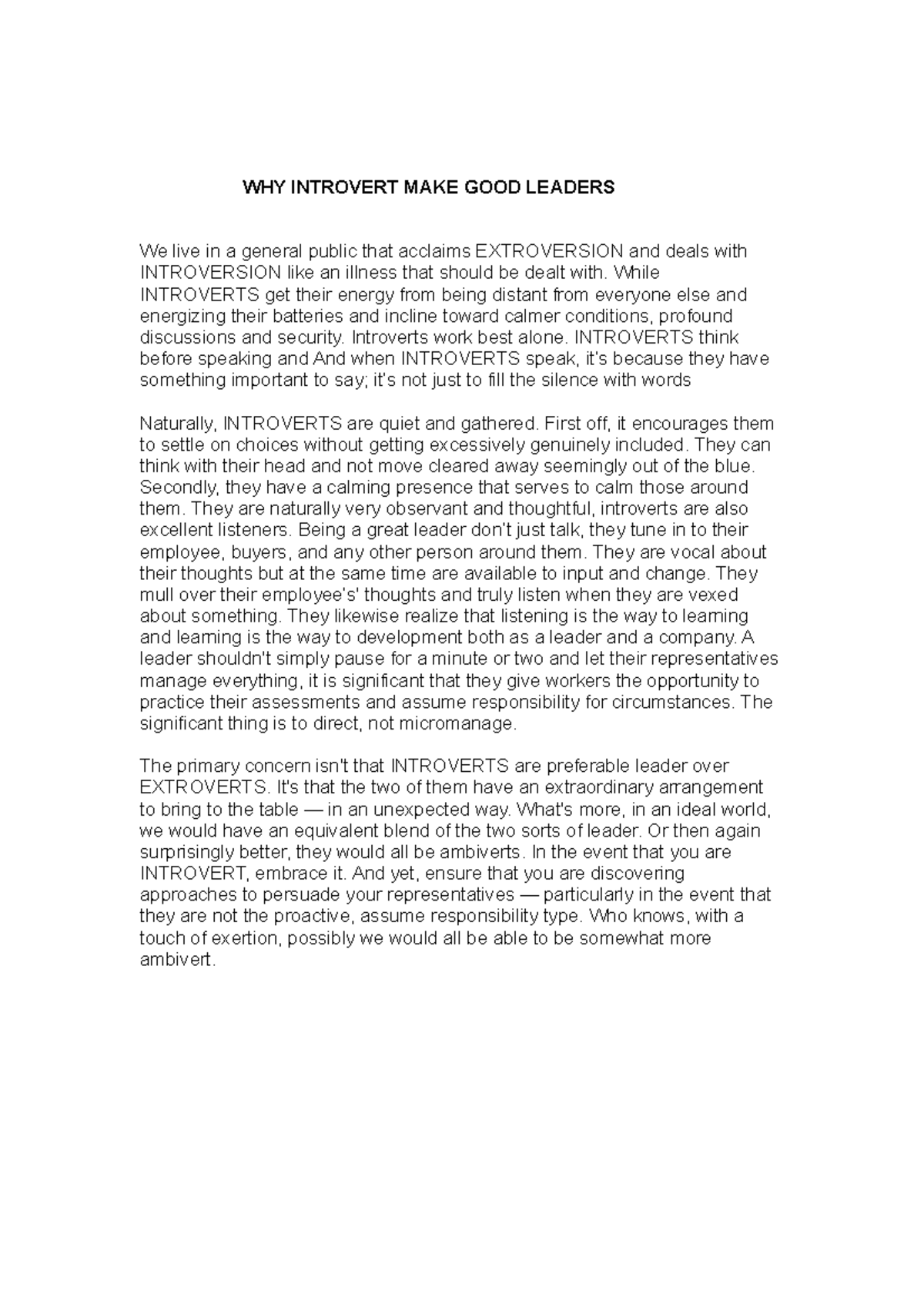 BE Persuasive Essay Example WHY INTROVERT MAKE GOOD LEADERS We Live