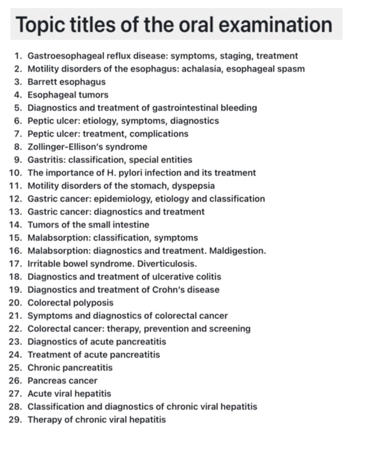 Topic List gastro - Internal Medicine V. (Gastroenterology) - Studocu