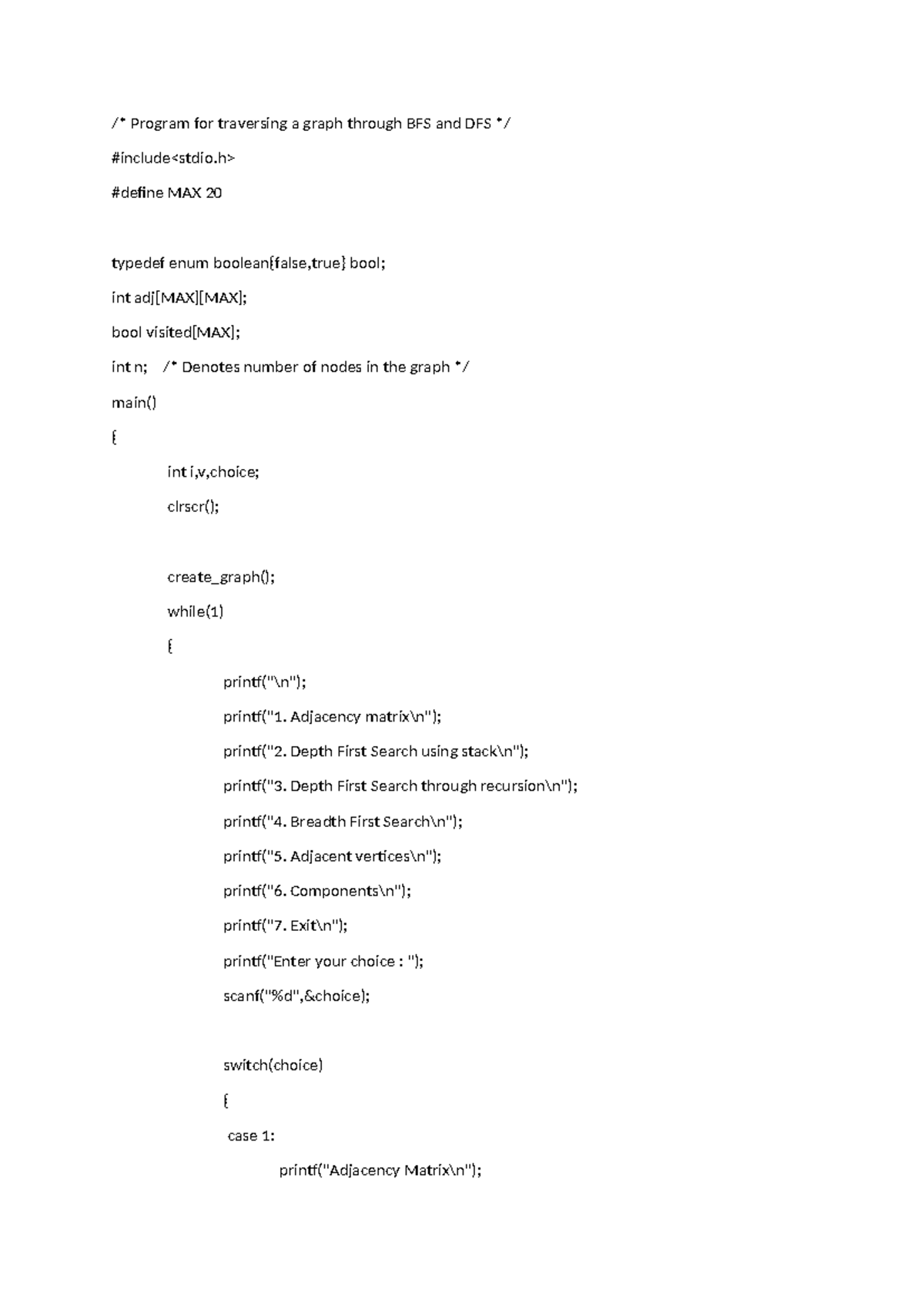 Program For Traversing A Graph Through Bfs And Dfs Adjacency Matrixn 5211