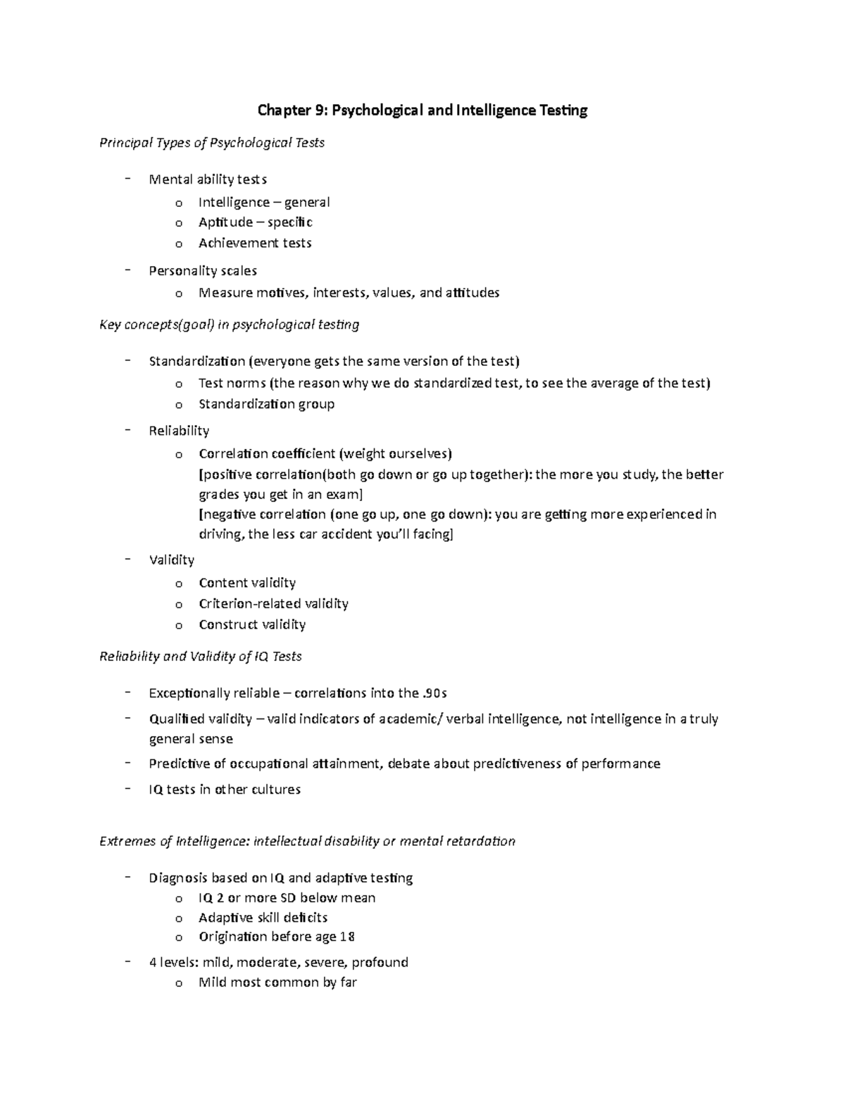 PSYC 1002 - Chapter 9 Notes - Chapter 9: Psychological and Intelligence ...