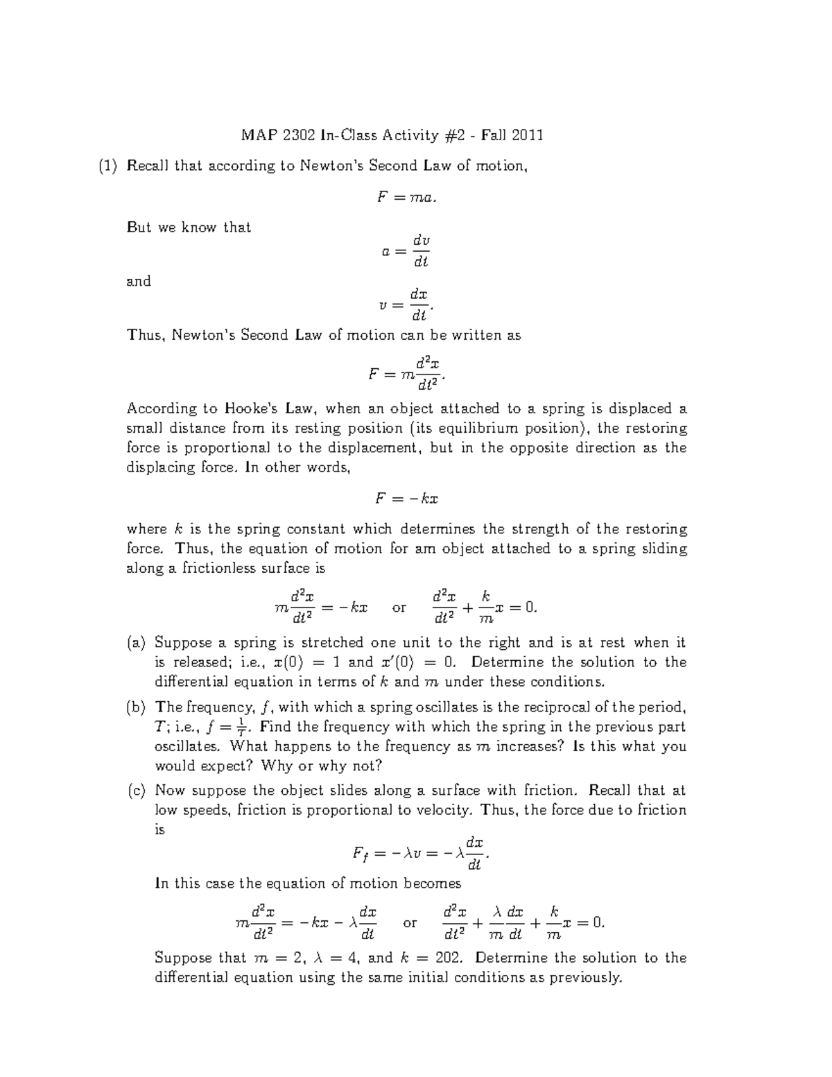 Team project 2 Engr 213 - MAP 2302 In-Class Activity #2 - Fall 2011 (1 ...