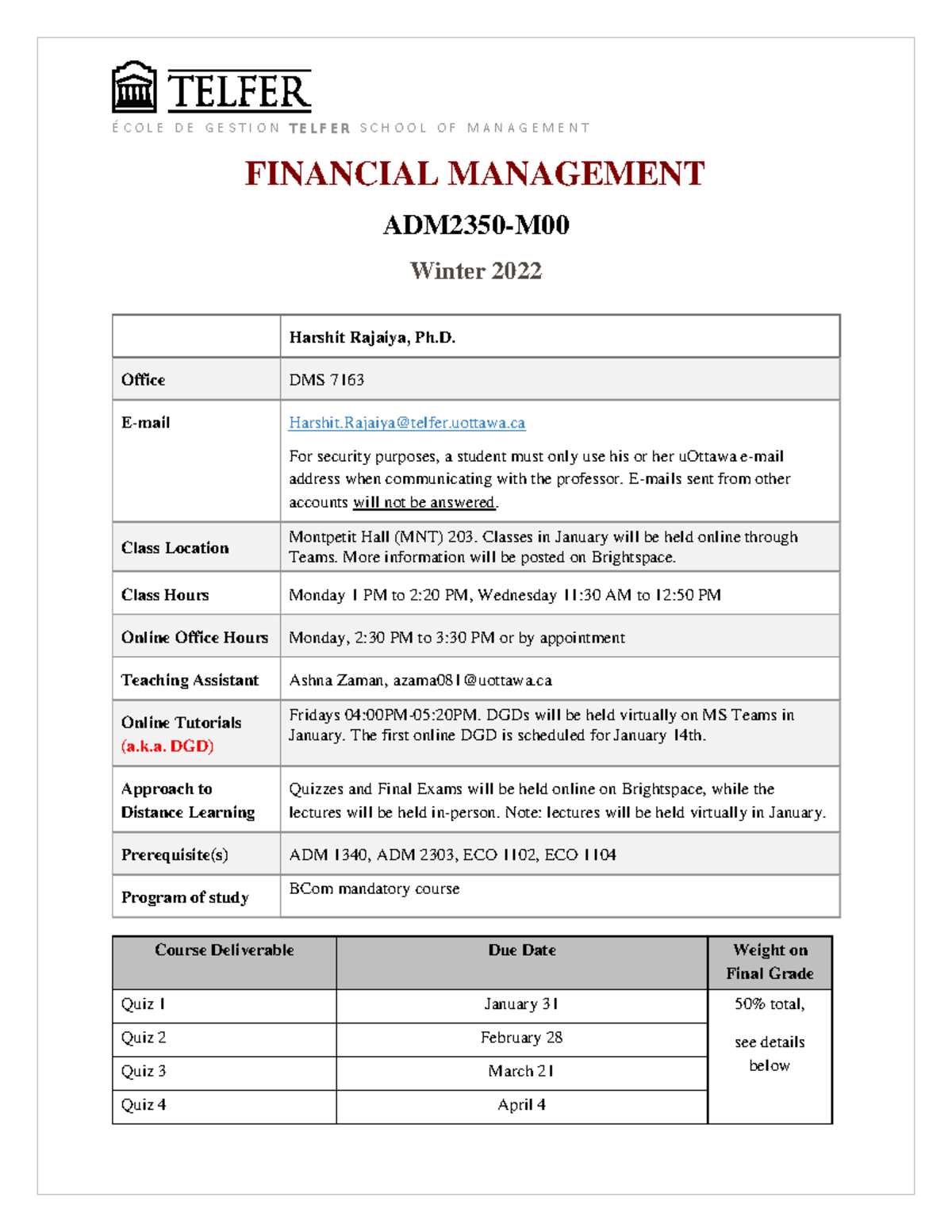Financial Management ADM 2350-Section M - ... C O L E D E G E S T I O N TELFER S C H O O L O F M ...