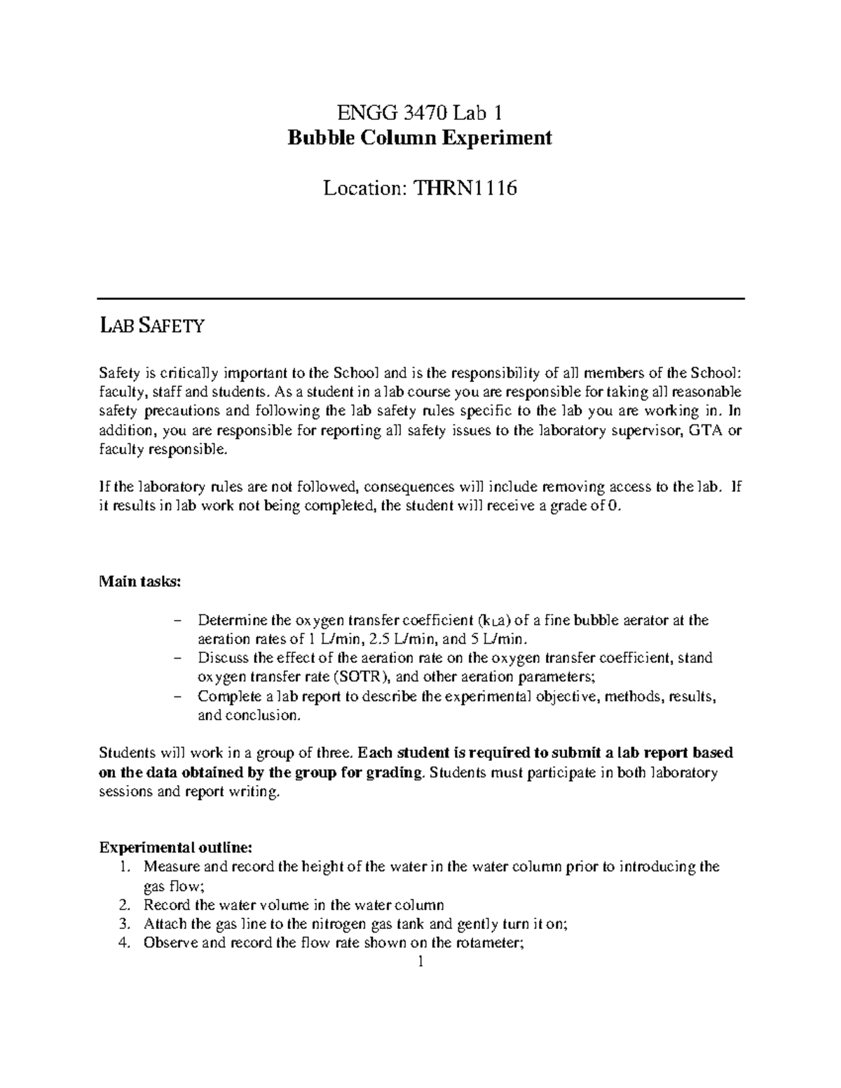 Mass Transfer Bubble column lab instruction W22 - 1 ENGG 3470 Lab 1 ...