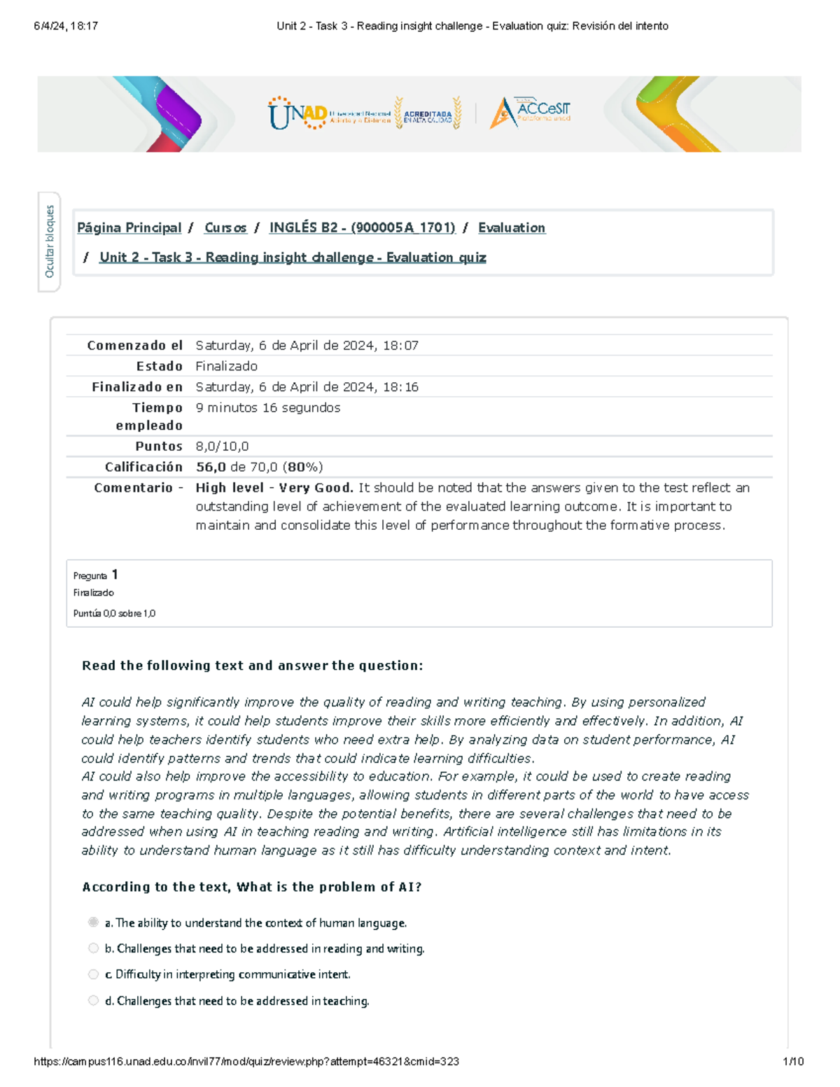 Unit 2 - Task 3 - Reading insight challenge - Evaluation quiz Revisión del intento - Comenzado ...