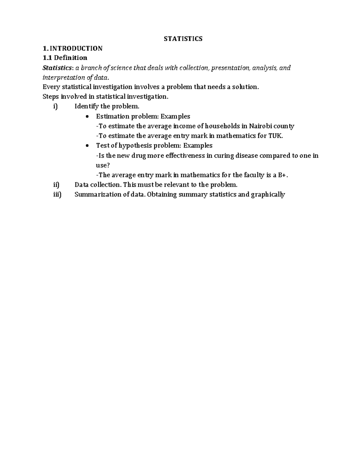 Introduction to statistics - STATISTICS 1. INTRODUCTION 1 Definition Statistics: a branch of ...