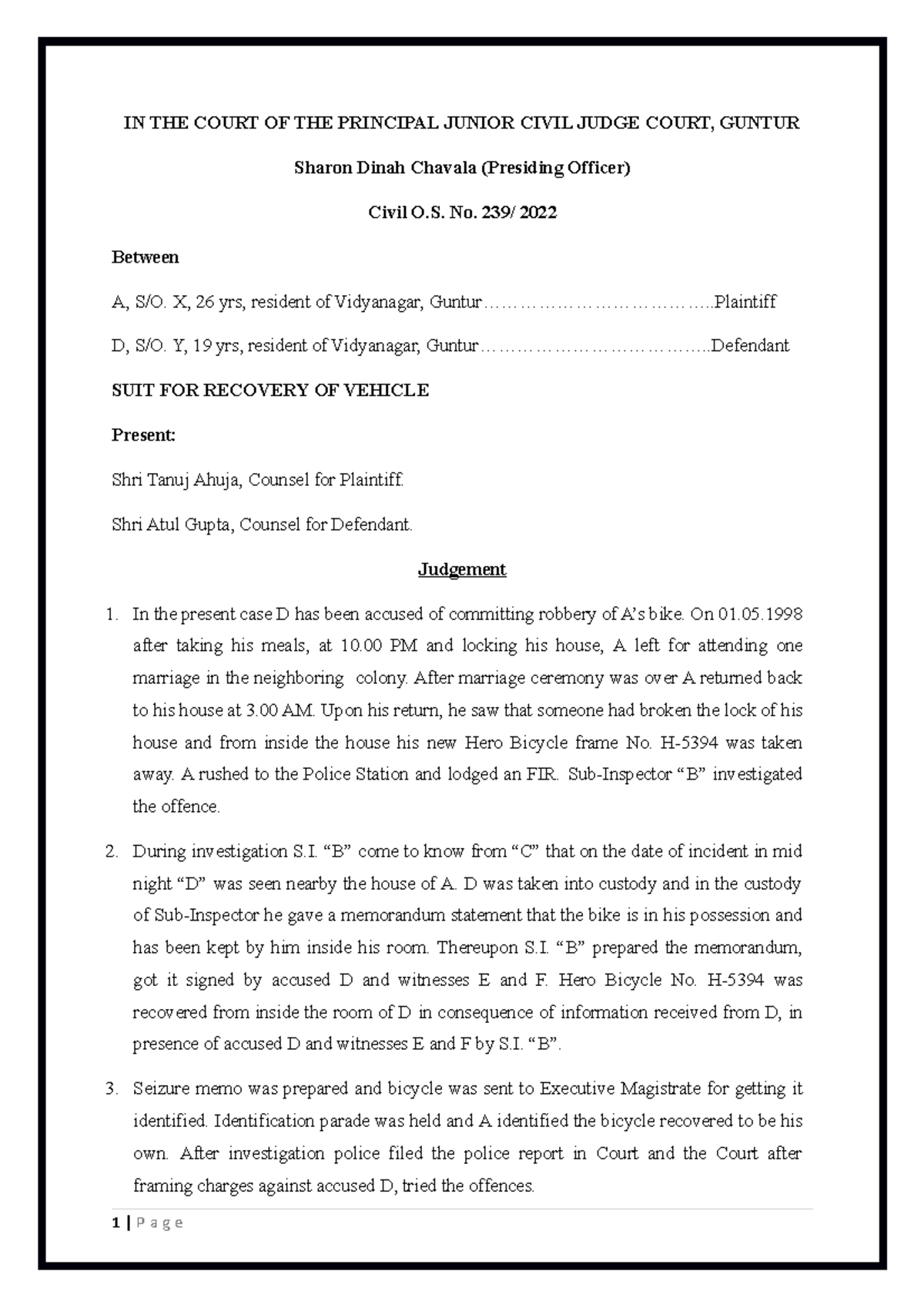 TASK - 2 - drafting - IN THE COURT OF THE PRINCIPAL JUNIOR CIVIL JUDGE ...