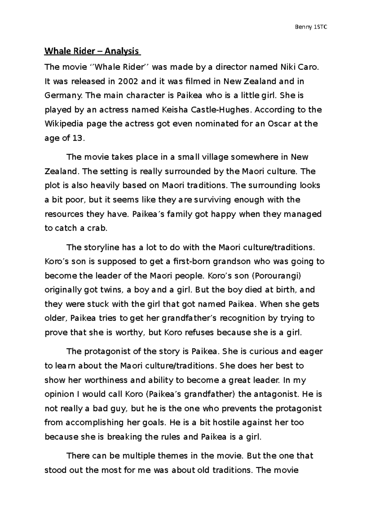 Whale Rider - Karakter: 5 - Benny 1STC Whale Rider – Analysis The movie ...