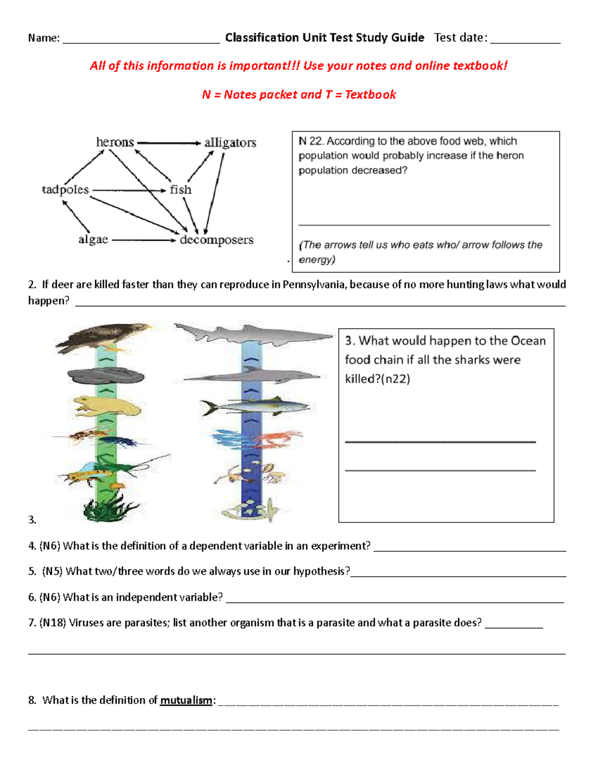 Justus LEE - Classification Unit Test 1 study guide - Name