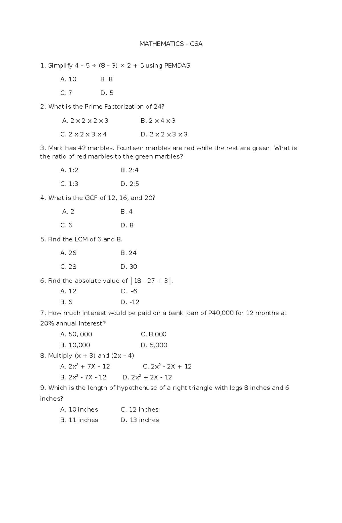 TQ CSA - For education - MATHEMATICS - CSA Simplify 4 – 5 ÷ (8 – 3) × 2 ...