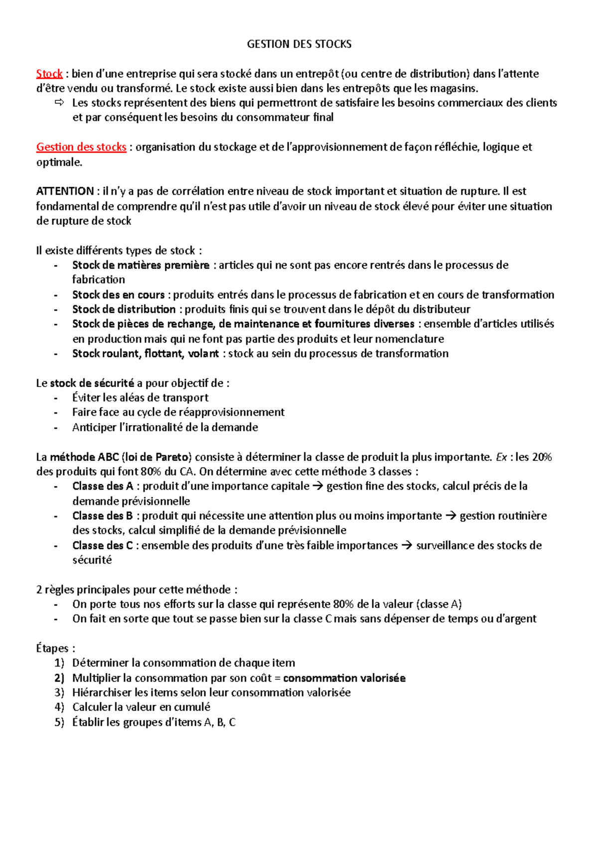 Gestion DES Stocks - Notes de cours 5 - GESTION DES STOCKS Stock : bien ...