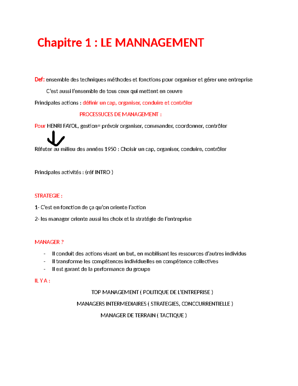 Chapitre 1 Intro A LA Gestion ET AU Management - Chapitre 1 : LE MANNAGEMENT Def: ensemble des ...