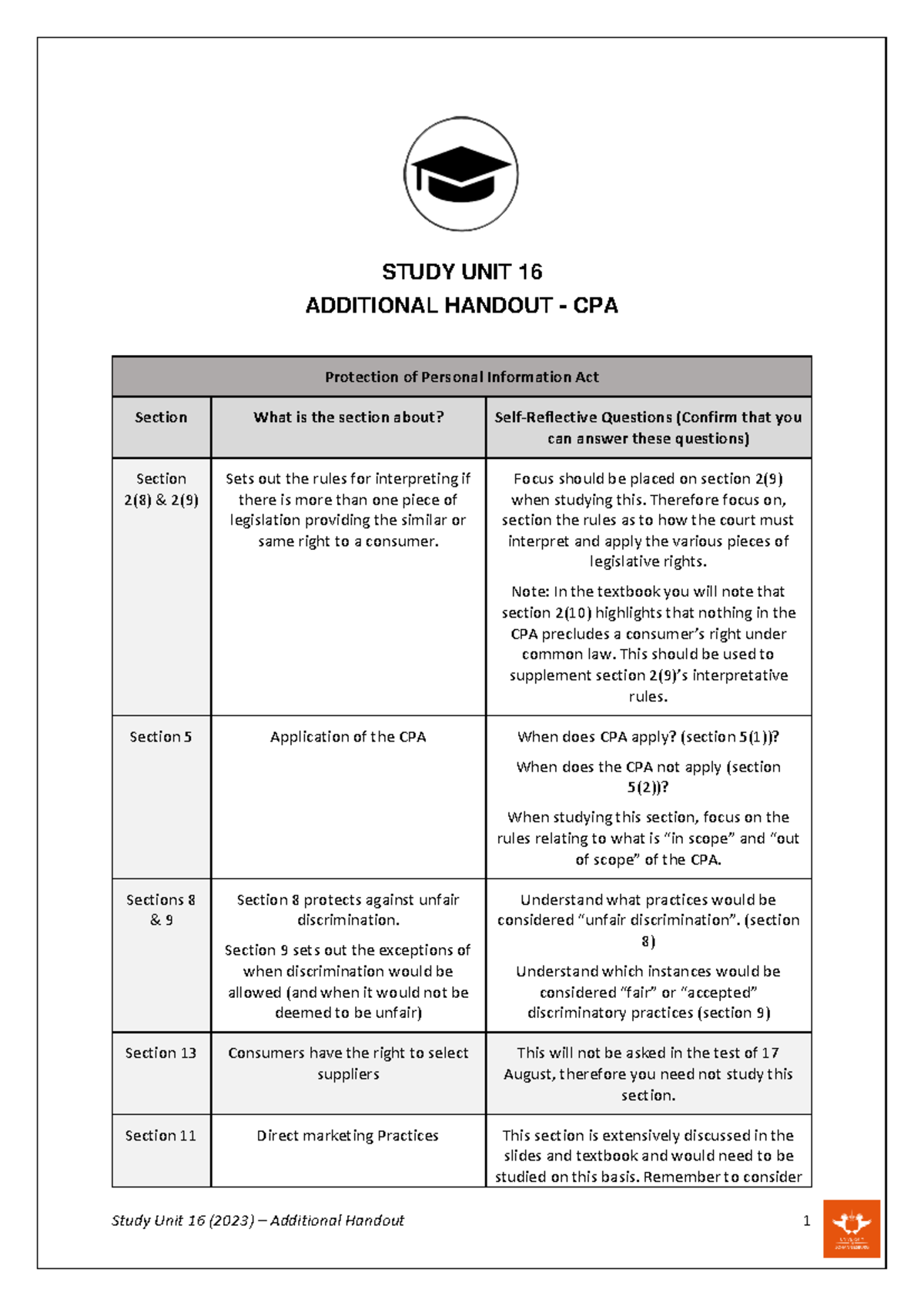 Unit 16 - Additional Handout (CPA) - Study Unit 16 (202 3 ...
