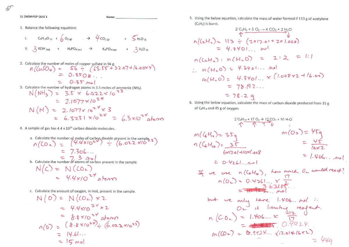 Mol Calculations Quiz with Answers - Studocu