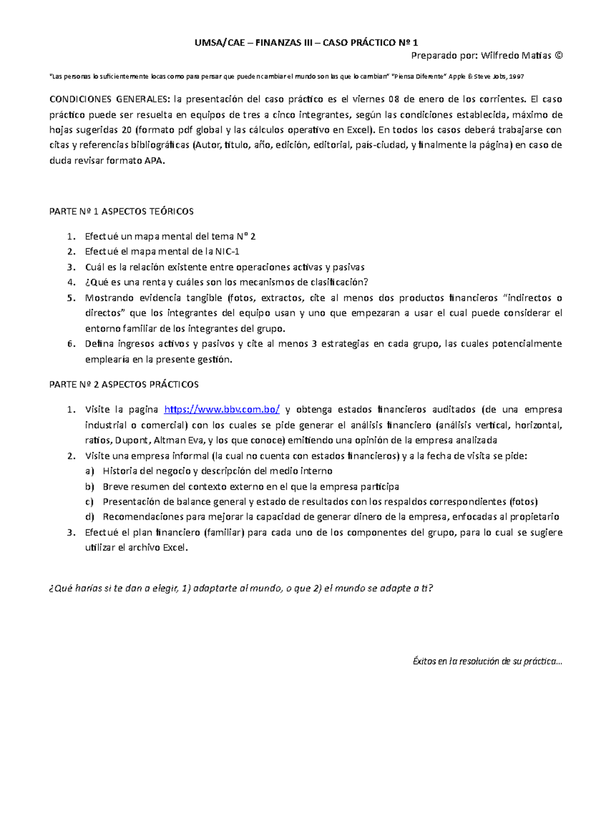 Caso Práctico Nº 1 - Caso practico - UMSA/CAE – FINANZAS III – CASO ...