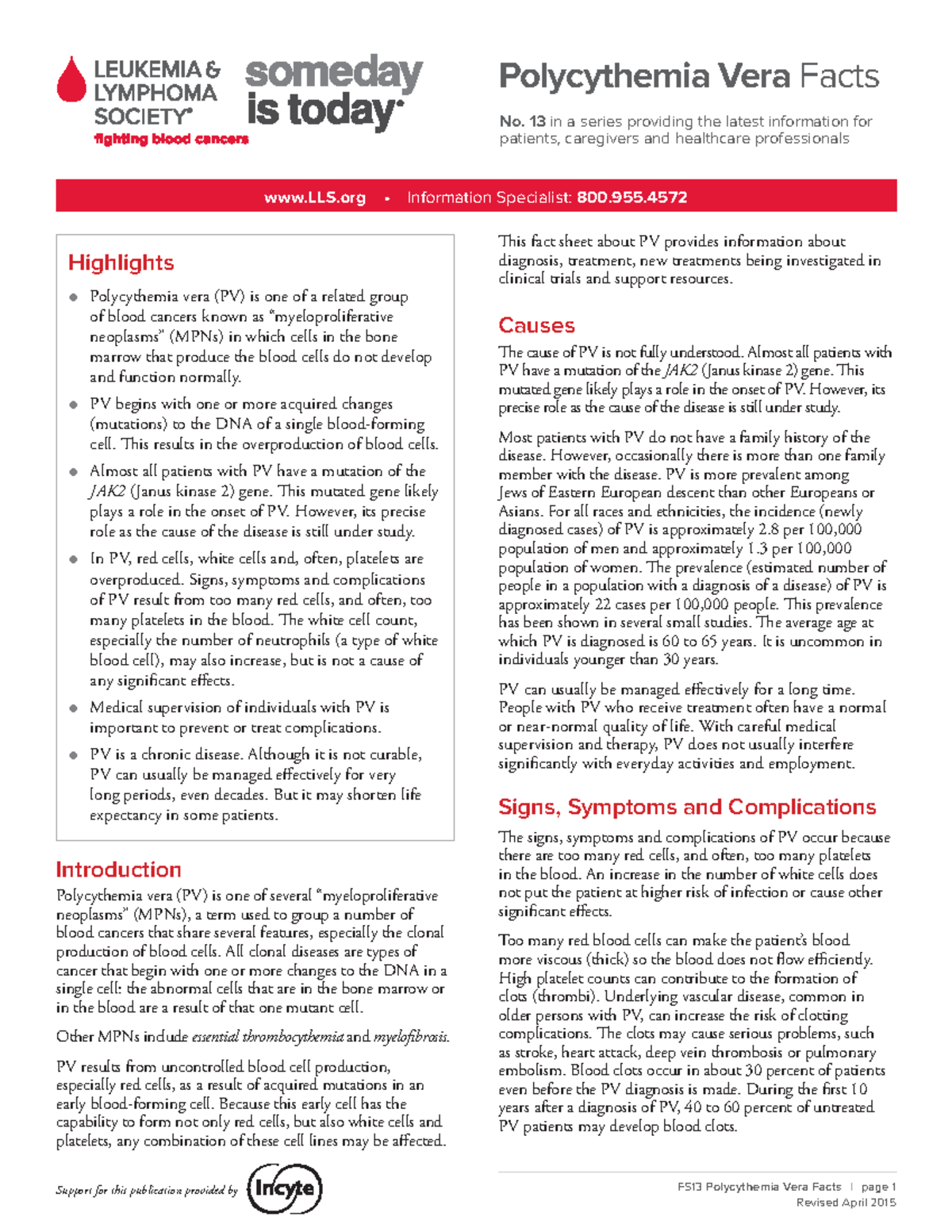 FS13 Polycythemia Vera Fact Sheet - ####### FS13 Polycythemia Vera ...