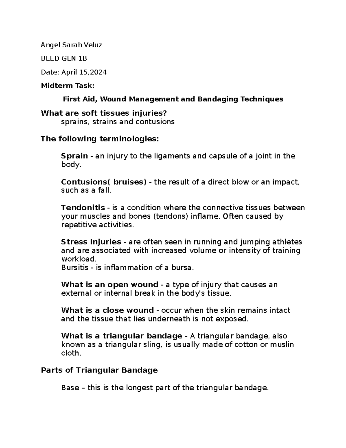 Pe first aid - Angel Sarah Veluz BEED GEN 1B Date: April 15, Midterm ...