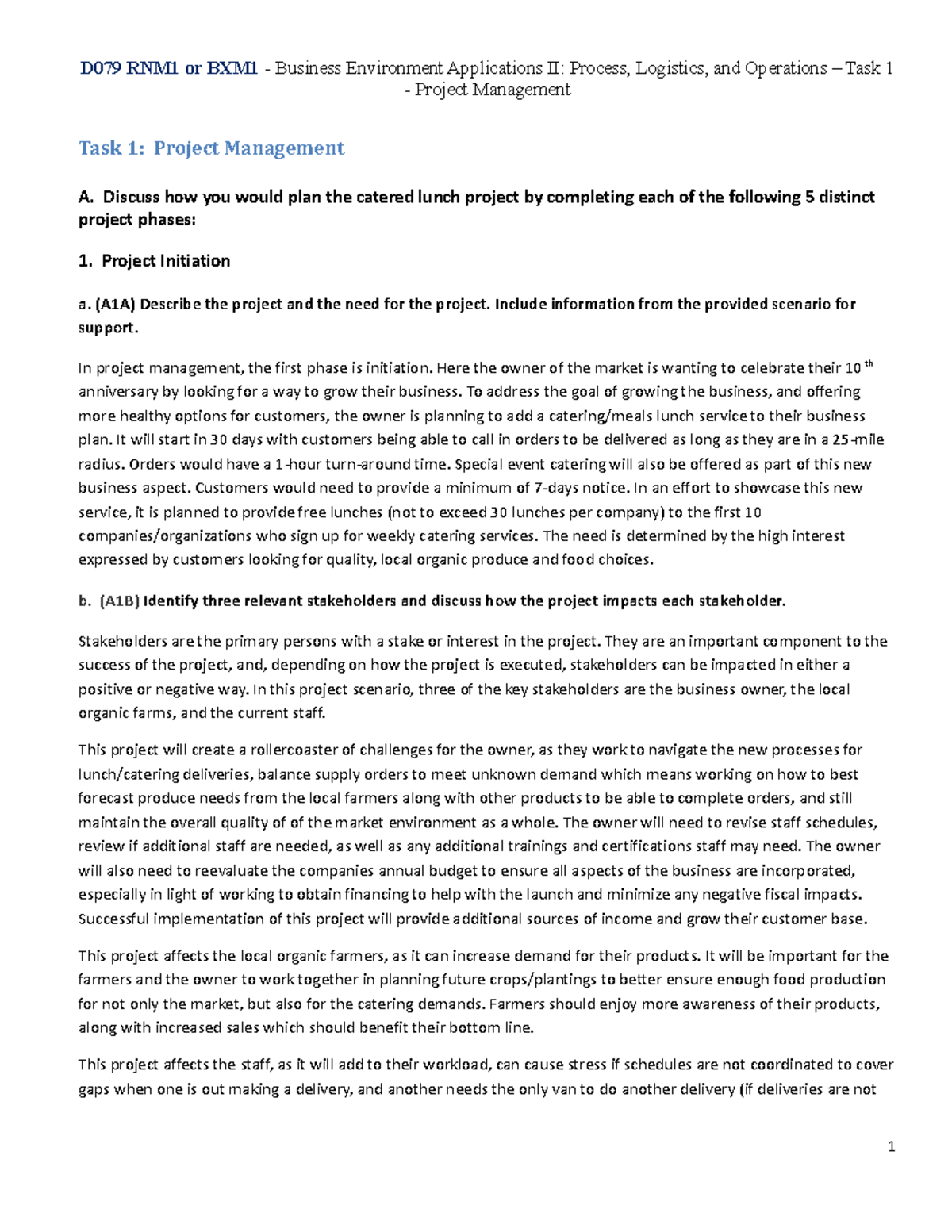 Final - Task 1 - D079 - Project management and considerations for a ...