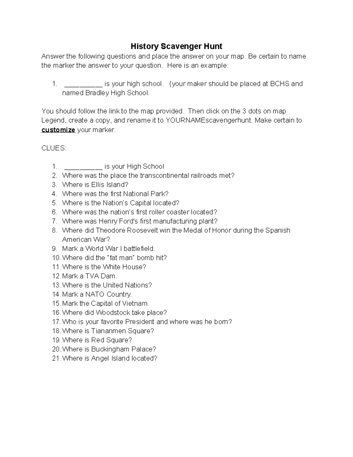 History Scavenger Hunt - History Scavenger Hunt Answer the following ...