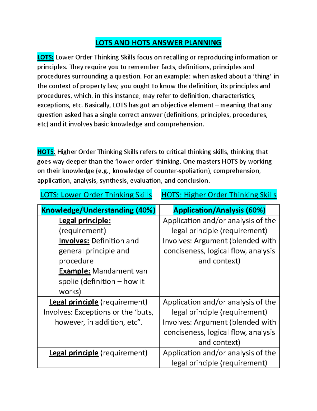 LOTS AND HOTS Answer Planning - LOTS AND HOTS ANSWER PLANNING LOTS ...