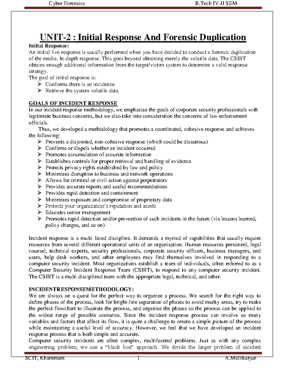 CF UNIT-2 - cyber - UNIT-2 : Initial Response And Forensic Duplication Initial Response: An ...