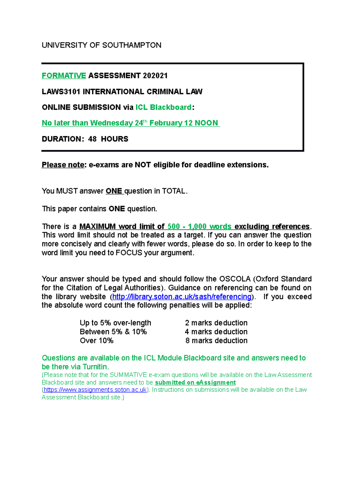 Formative Rubric - UNIVERSITY OF SOUTHAMPTON FORMATIVE ASSESSMENT ...