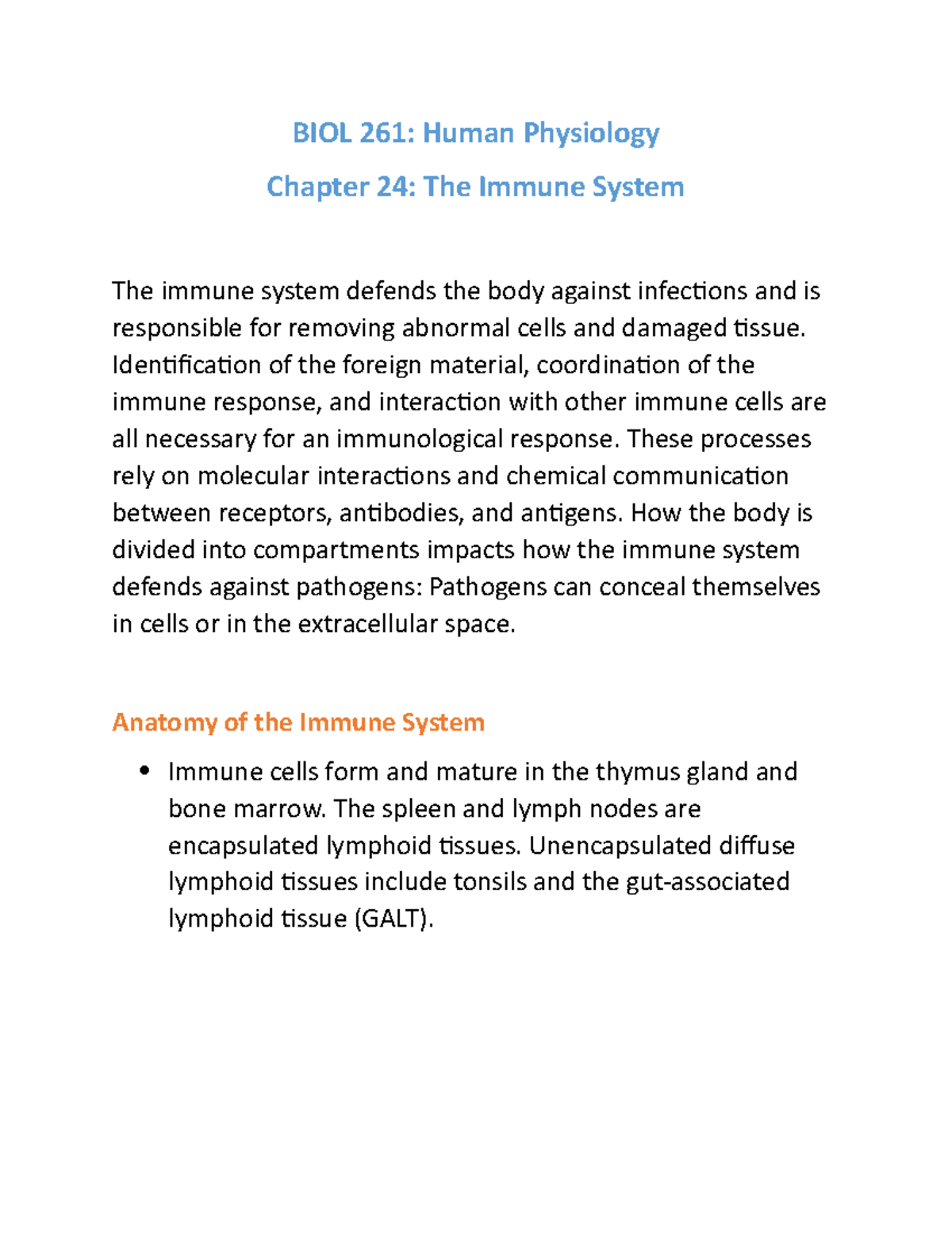 BIOL 261 Chapter 24 - BIOL 261: Human Physiology Chapter 24: The Immune ...