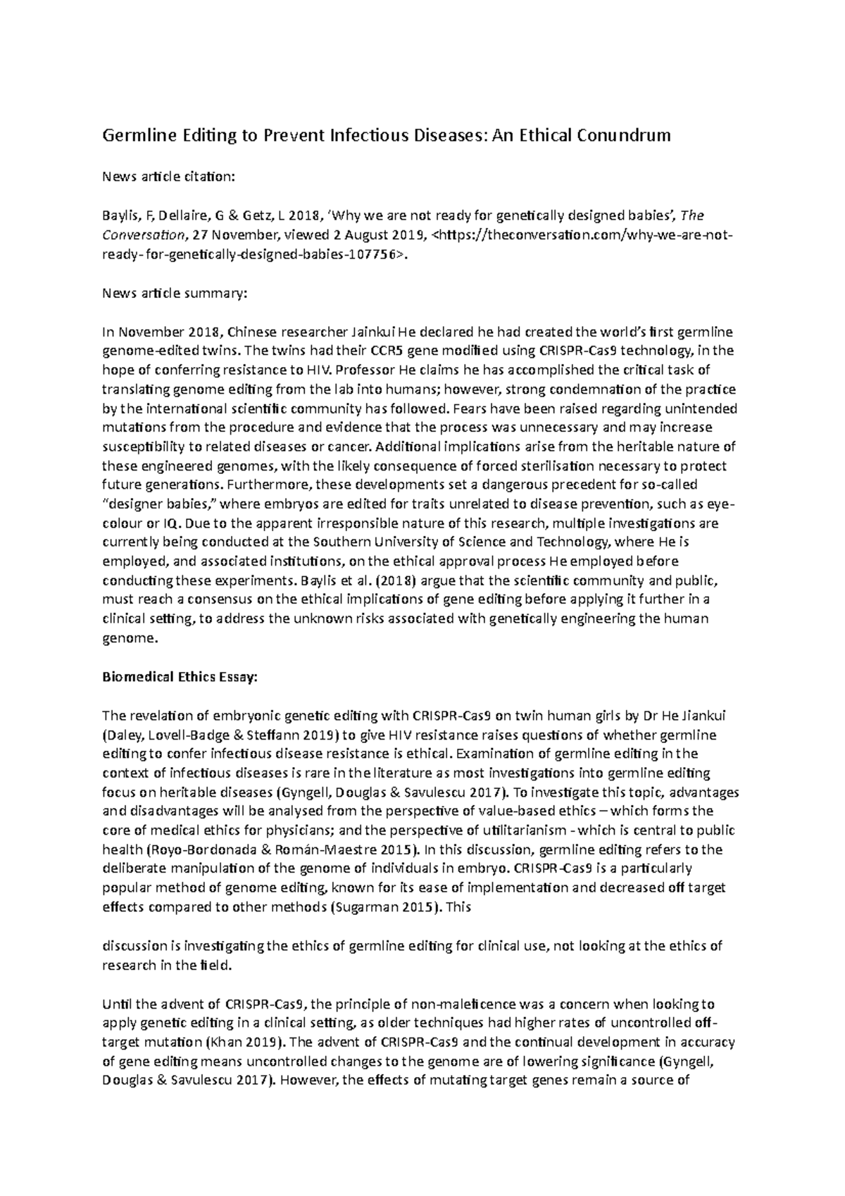 BIOM3200 Ethics essay Example #4 - Germline Editing to Prevent ...