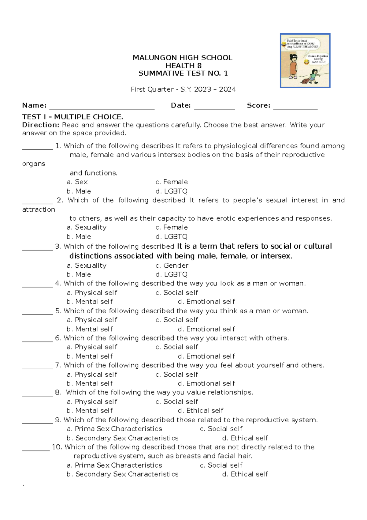 Summative-1st QTR G8 Health week1 - MALUNGON HIGH SCHOOL HEALTH 8 ...