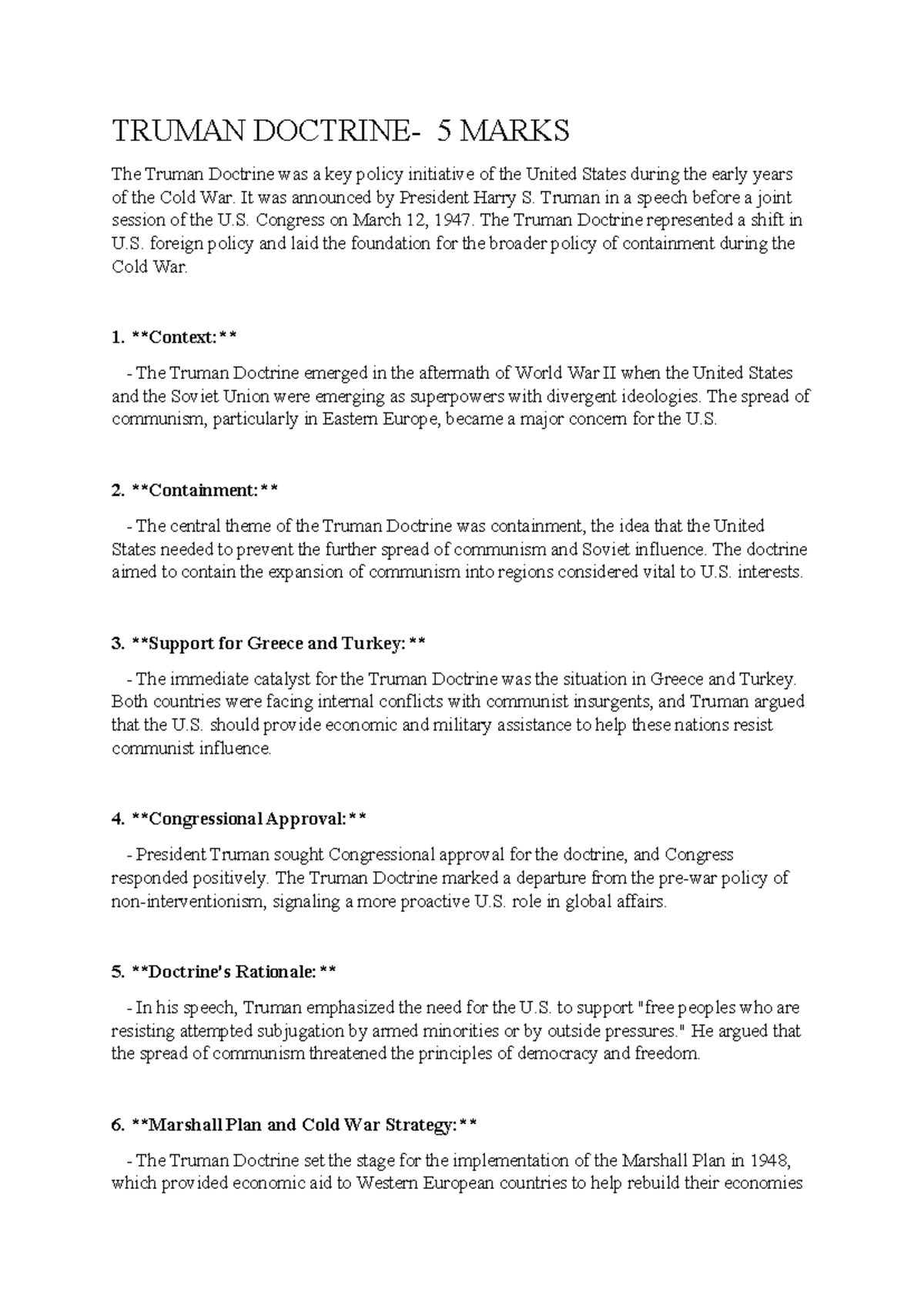 307 Questions - READ - TRUMAN DOCTRINE- 5 MARKS The Truman Doctrine was ...